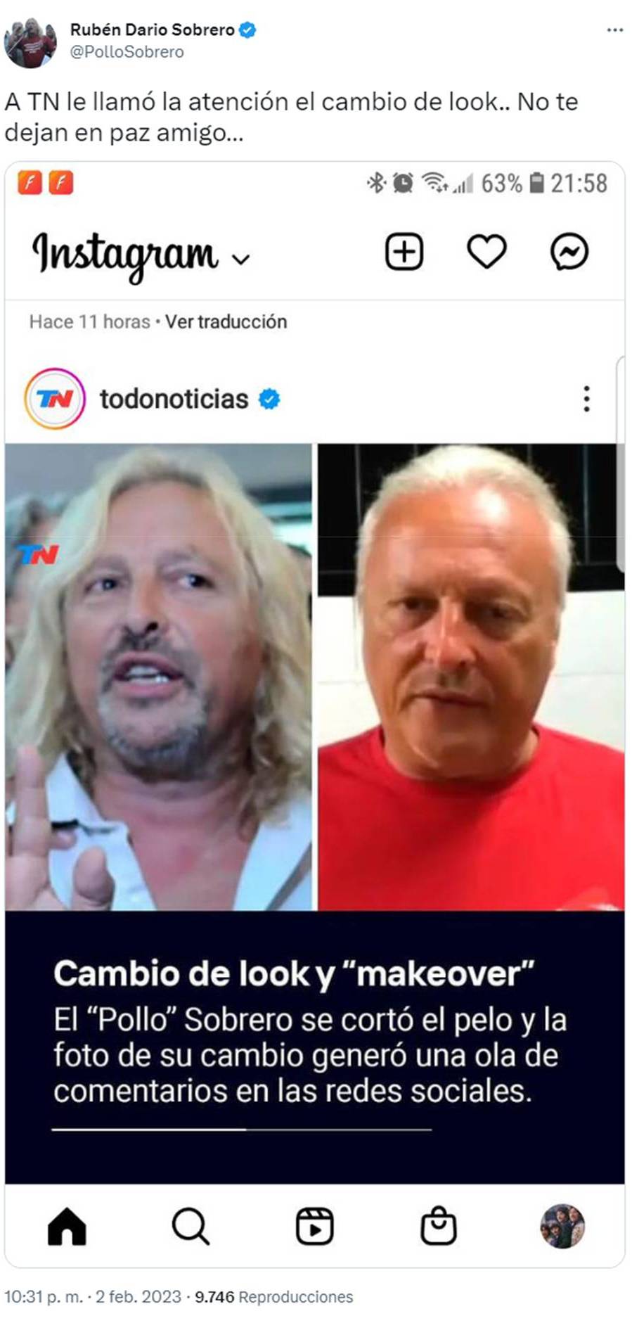 Rubén ‘Pollo’ Sobrero se cortó el pelo y causó furor en las redes ...